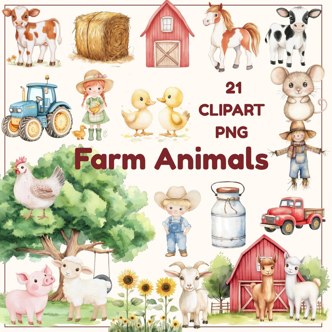 Farm Animal Clipart PNG Bundle, 21 Cute Watercolor Farm Animals Objects ...