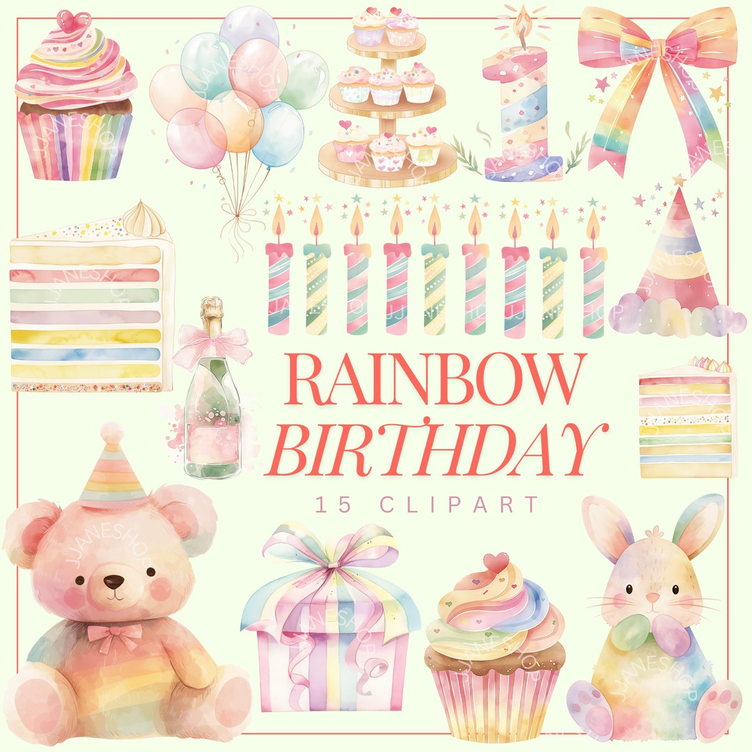 Watercolor Pastel Rainbow Birthday Clipart, Kids Birthday Clipart ...