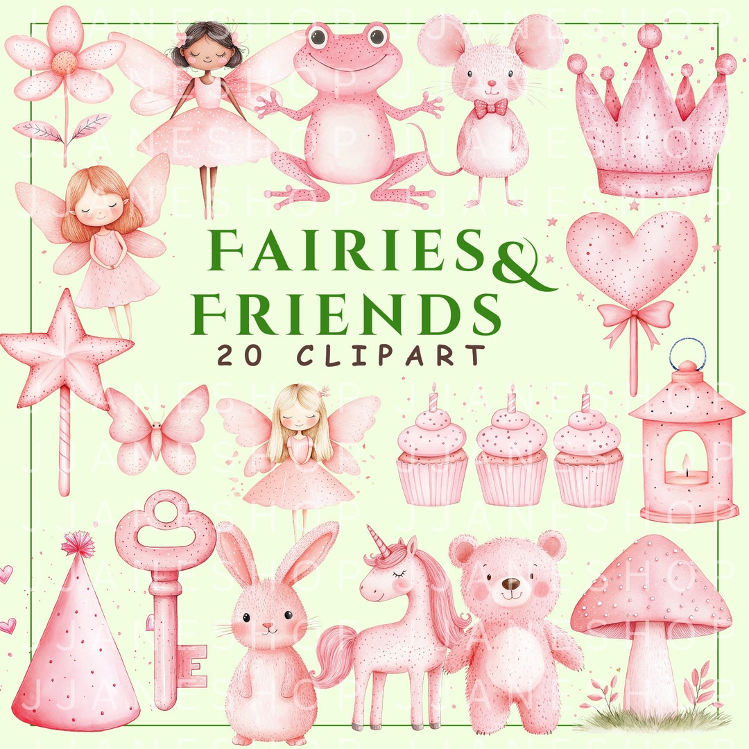 Pink Fairy Clipart, Watercolor Nursery PNG Bundle, Fairy, Pink Animals ...