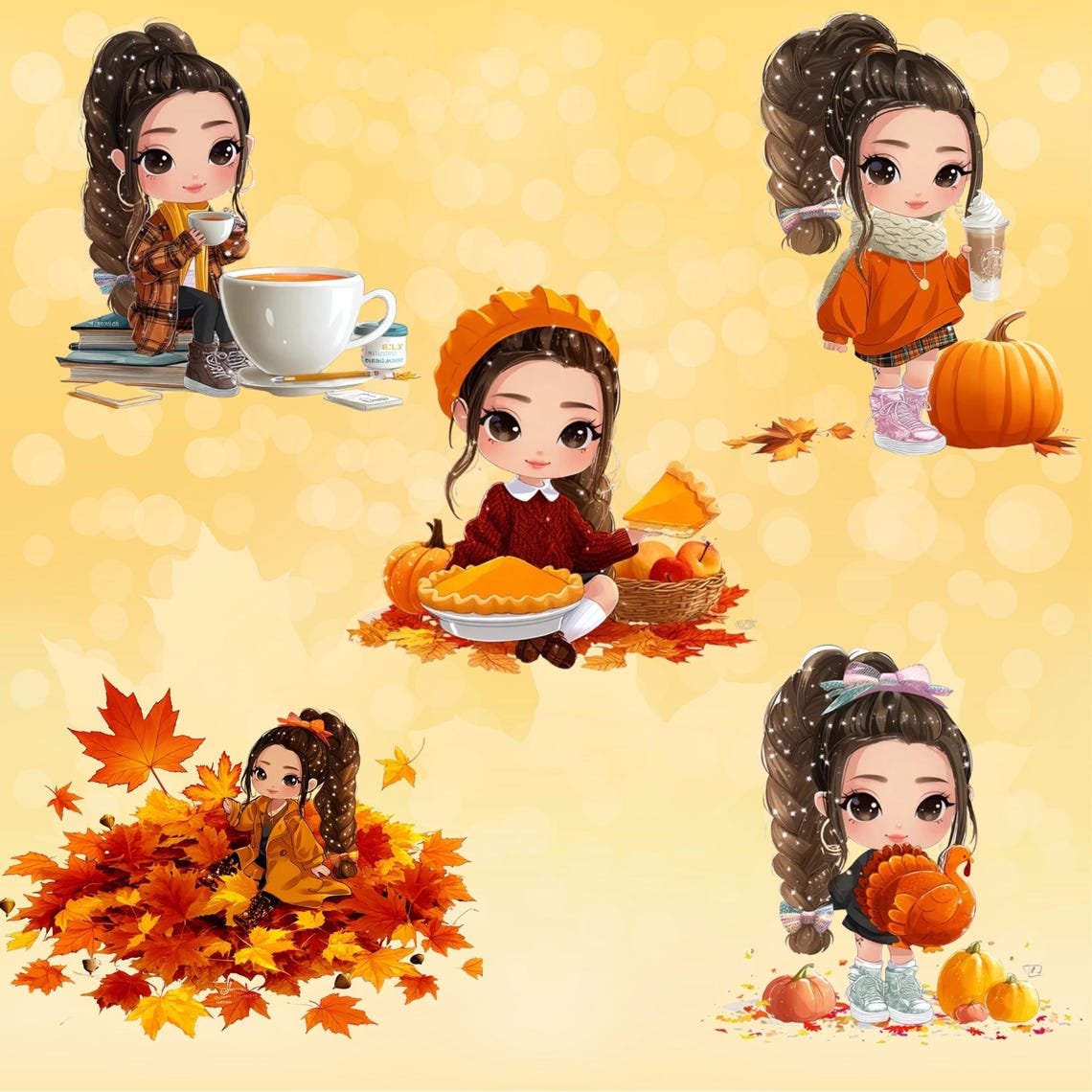 Fall Chibi Girl Clipart Bundle: Brunette Thanksgiving Pngs - Etsy