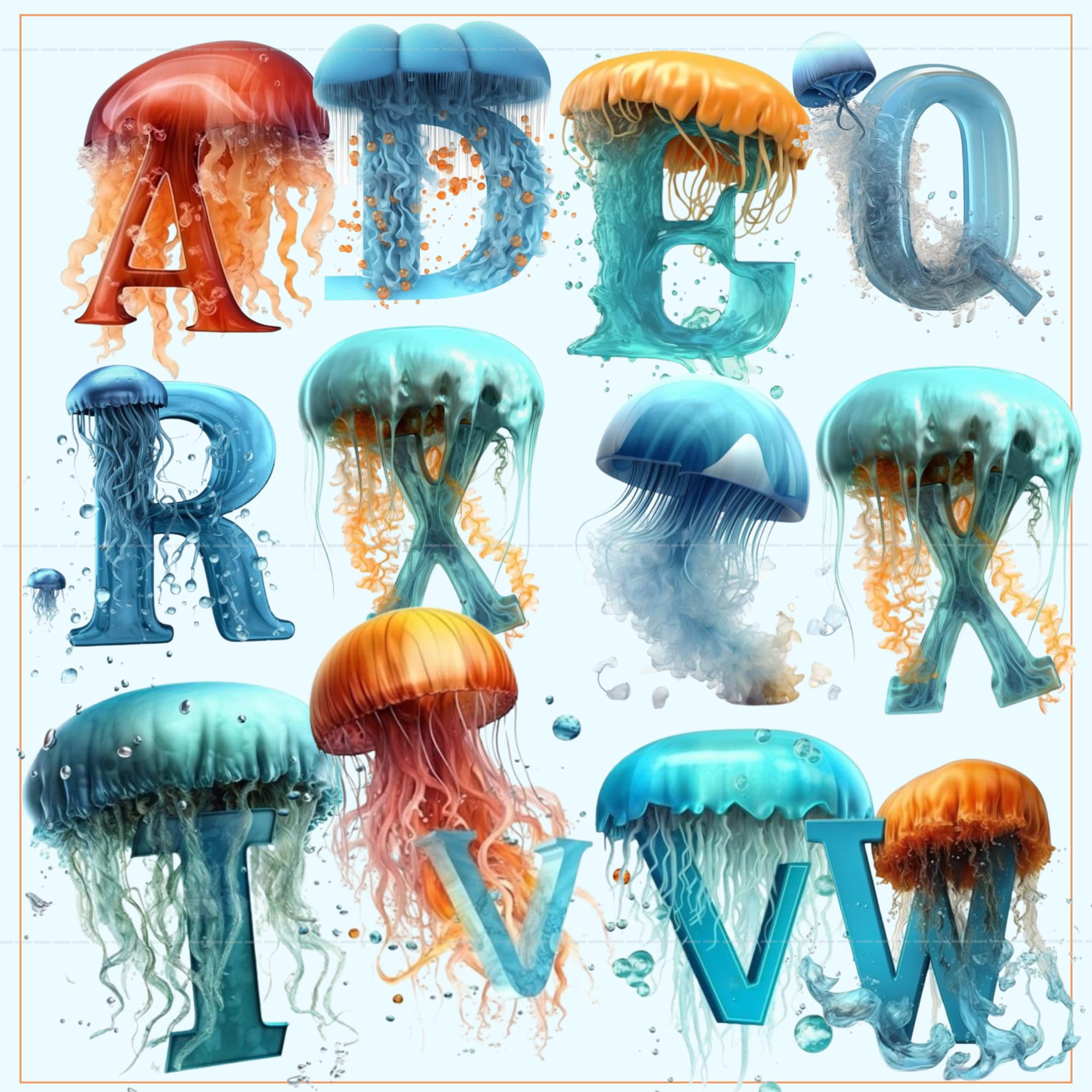 Jellyfish Alphabet 3D Clipart ABC Kids Learning Images Colorful ...