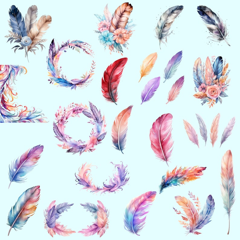 Boho Feather Clipart Watercolor Feather Frame PNG Feather Banner Graphics Colorful Feather ...