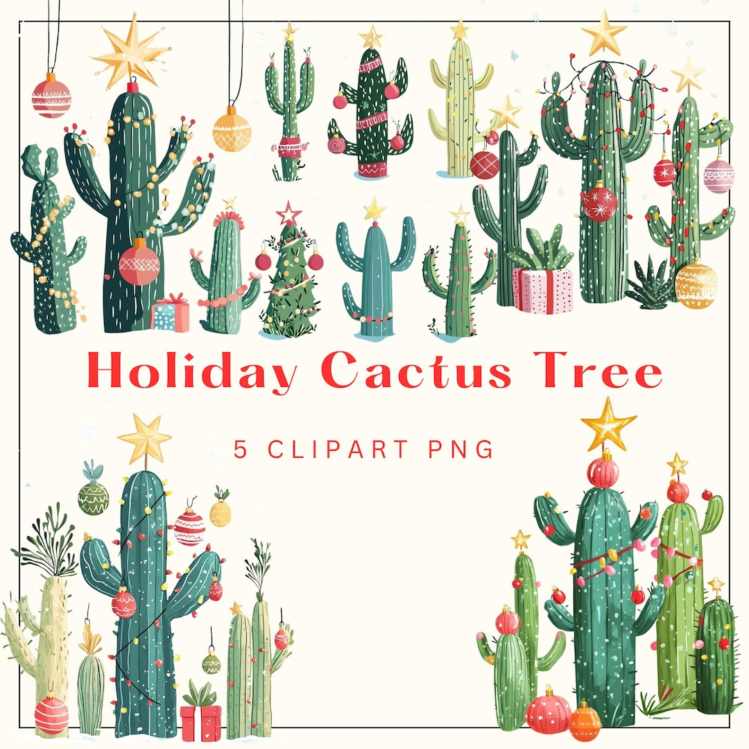 Christmas Cactus Tree Clipart, Cute Holiday Desert Illustration ...