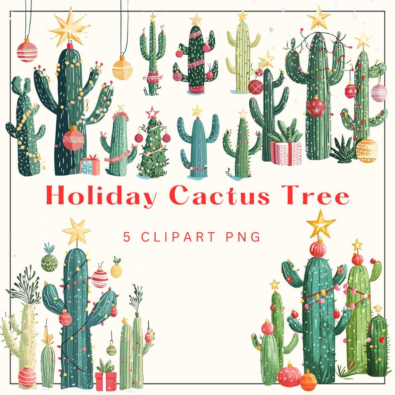 Christmas Cactus Tree Clipart, Cute Holiday Desert Illustration ...