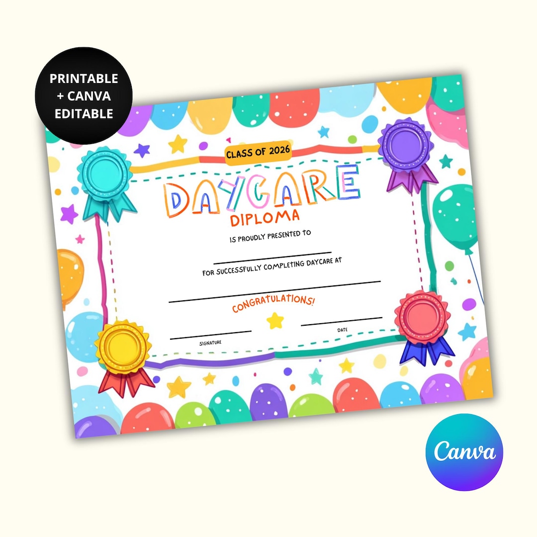 Daycare Graduation Diploma Editable, 2025 Daycare Certificate, Last Day ...