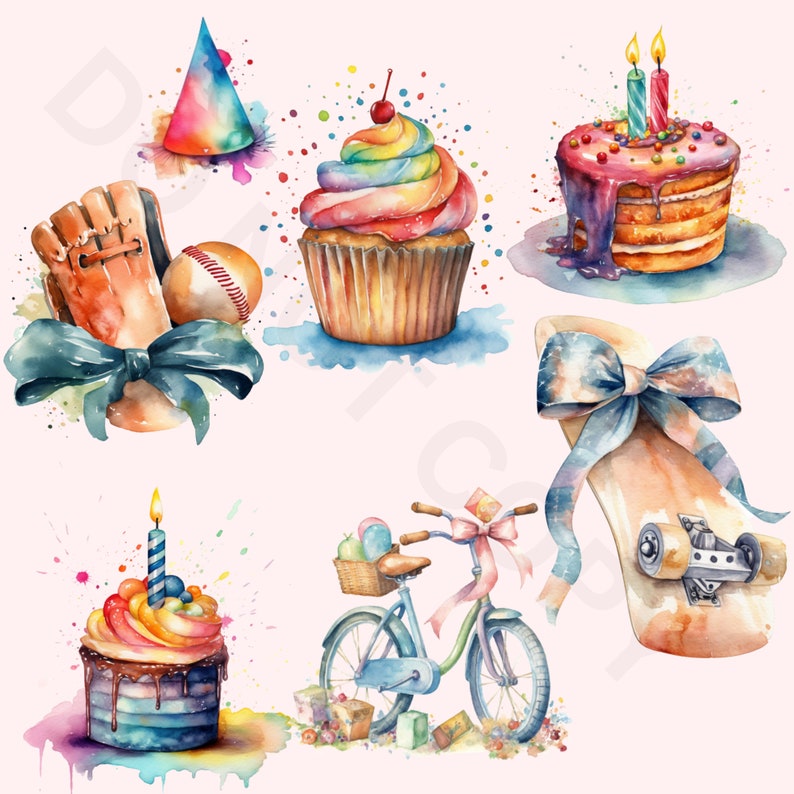 25 Watercolor Birthday Party Clipart Bundle, Children's Party PNG ...