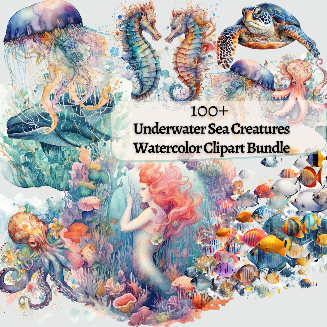 100 Watercolor Sea Creature Designs, Clipart Bundle, Commercial Use ...