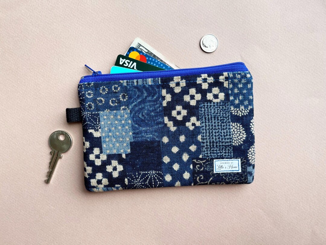 Boro Patchwork Coin Purse, Handmade Zipper Pouch, Homespun Linen ...