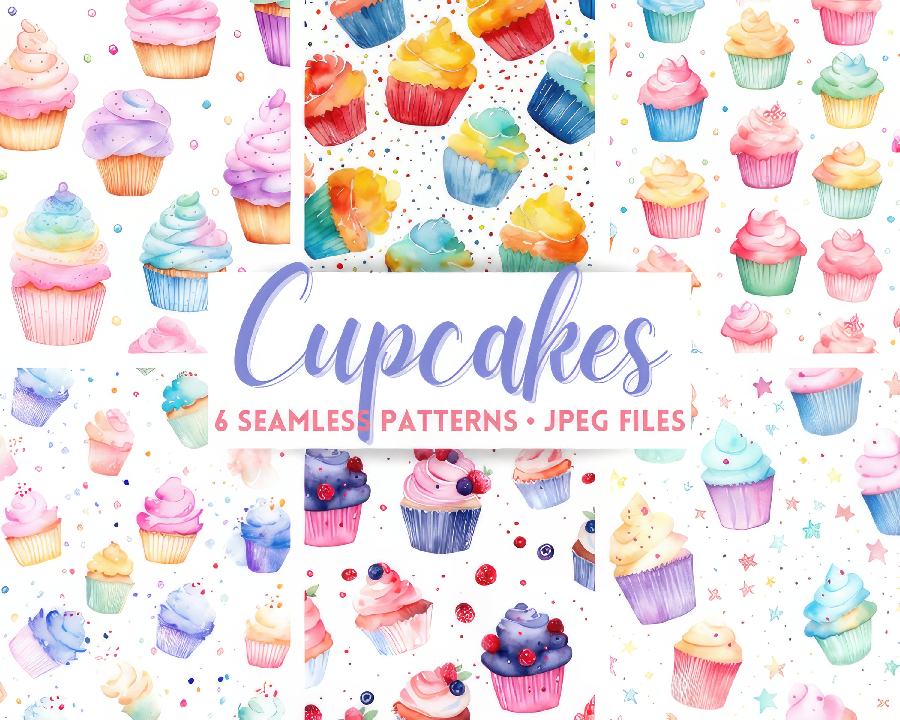 Cupcakes Pattern Watercolor Seamless Pattern Digital Paper Birthday Invitation Pattern ...