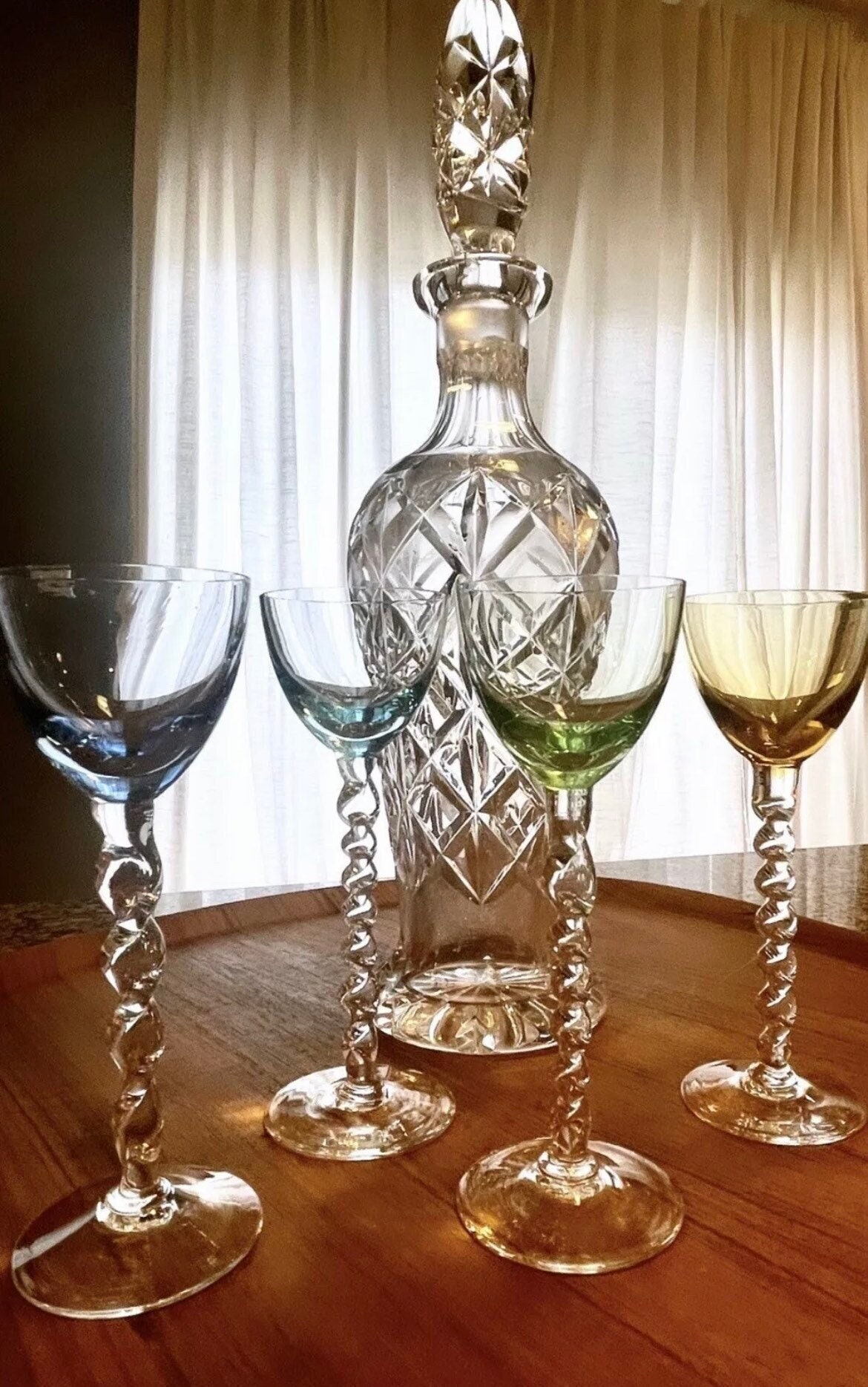Vintage Hand Blown Colored Glass Cordial Set With Twisted Stems Etsy