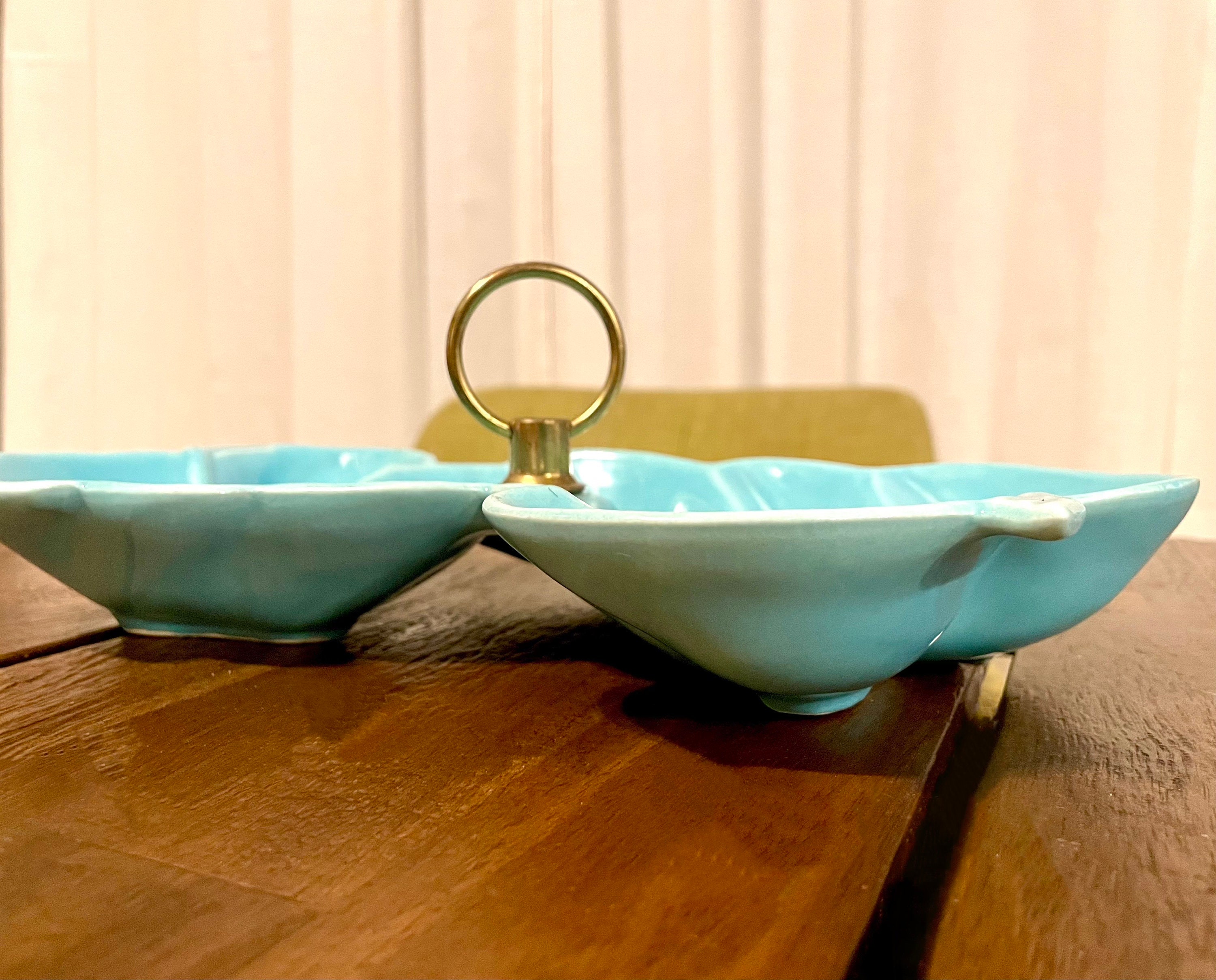 Vintage CAL Pottery Double Maple Leaf Divided Platter W/ Brass Ring ...