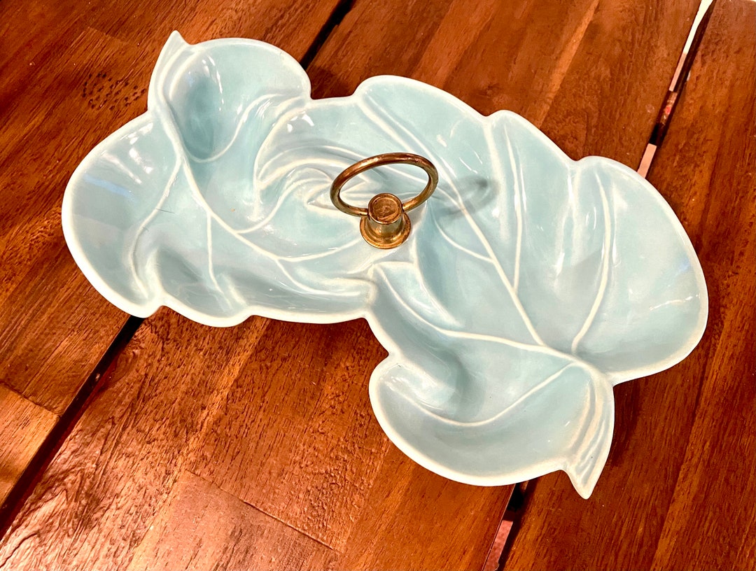 Vintage CAL Pottery Double Maple Leaf Divided Platter W/ Brass Ring ...