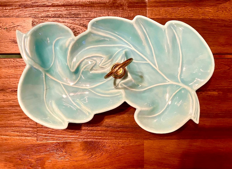 Vintage CAL Pottery Double Maple Leaf Divided Platter W/ Brass Ring ...