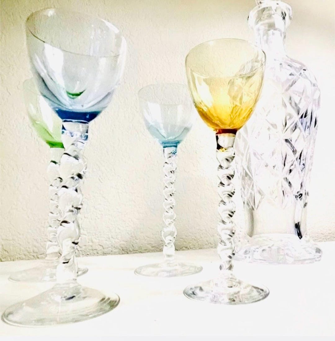 Vintage Hand-blown Colored Glass Cordial Set With Twisted Stems - Etsy