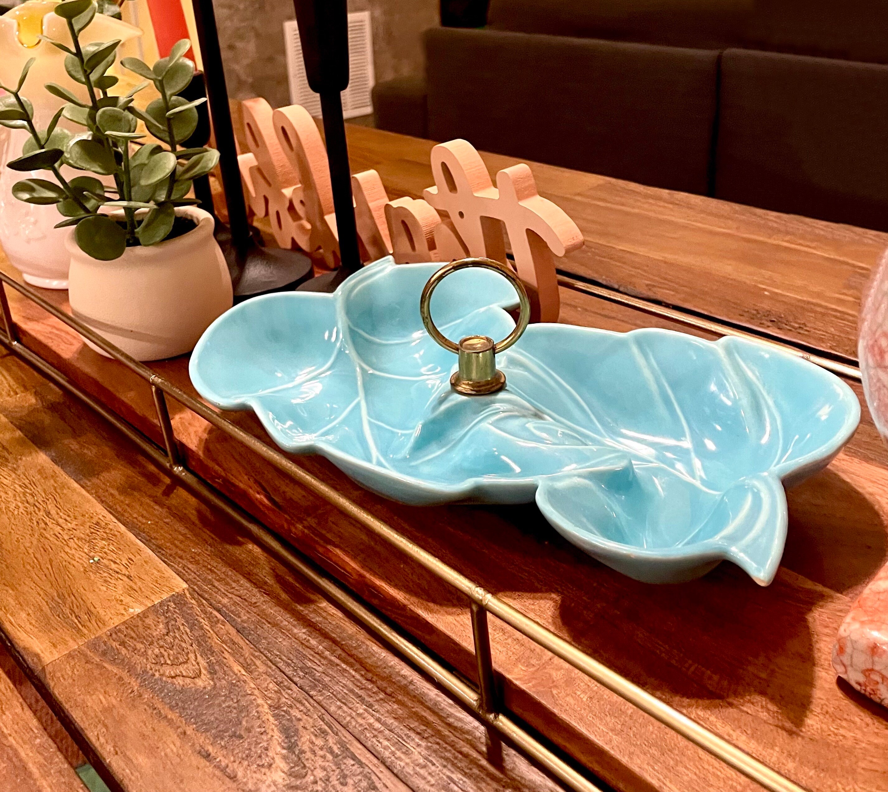 Vintage CAL Pottery Double Maple Leaf Divided Platter W/ Brass Ring ...