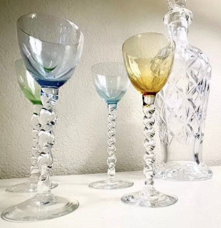 Vintage Hand-blown Colored Glass Cordial Set With Twisted Stems - Etsy