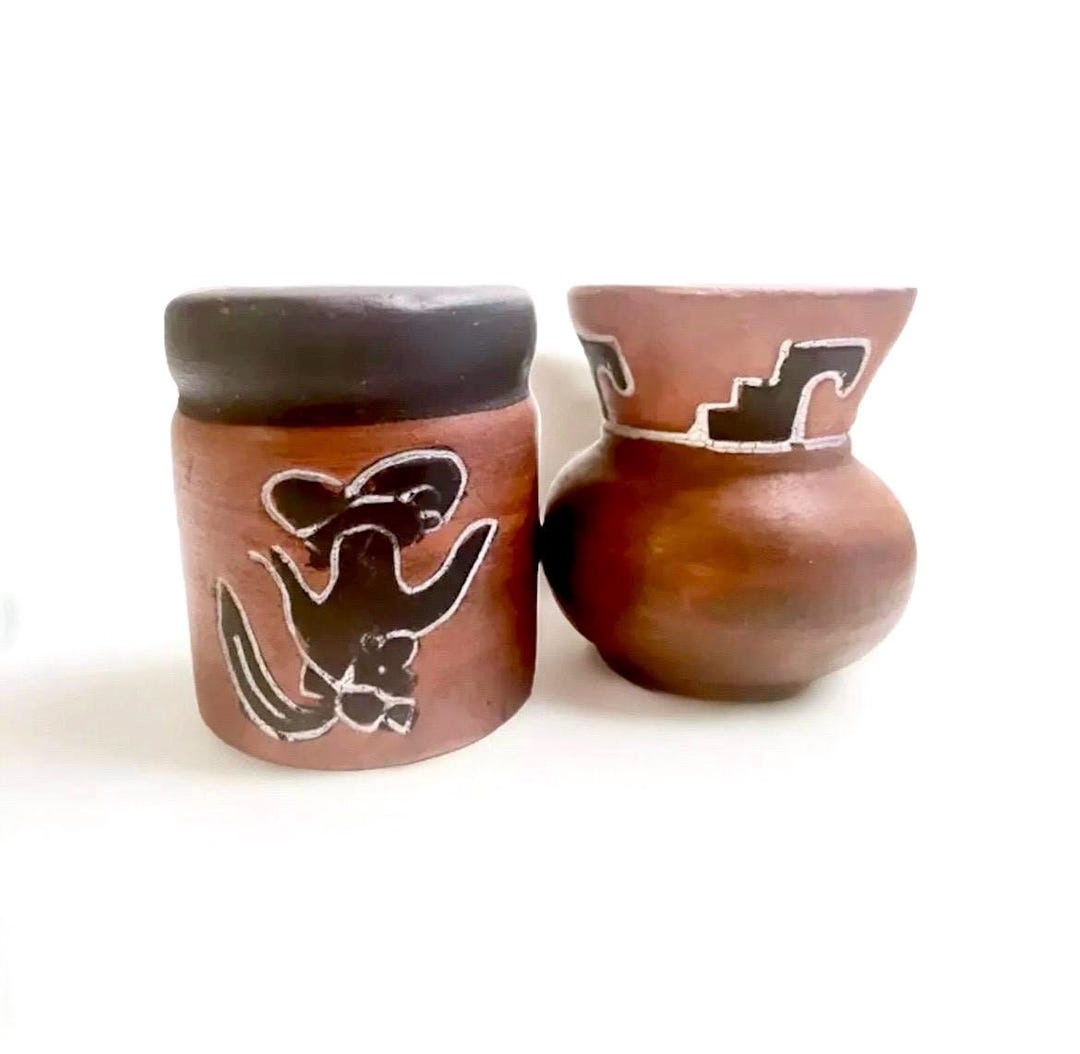 Vintage Small Clay Vase Pots 2.5” Hand-painted Aztec Tribal ...