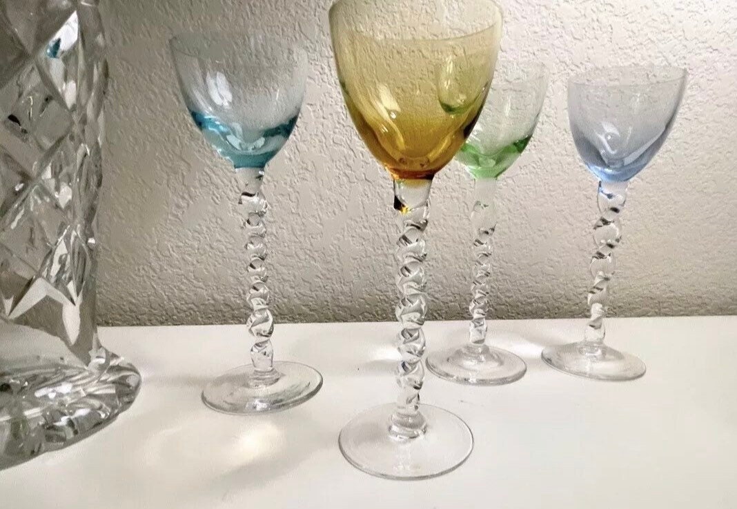 Vintage Hand Blown Colored Glass Cordial Set With Twisted Stems Etsy