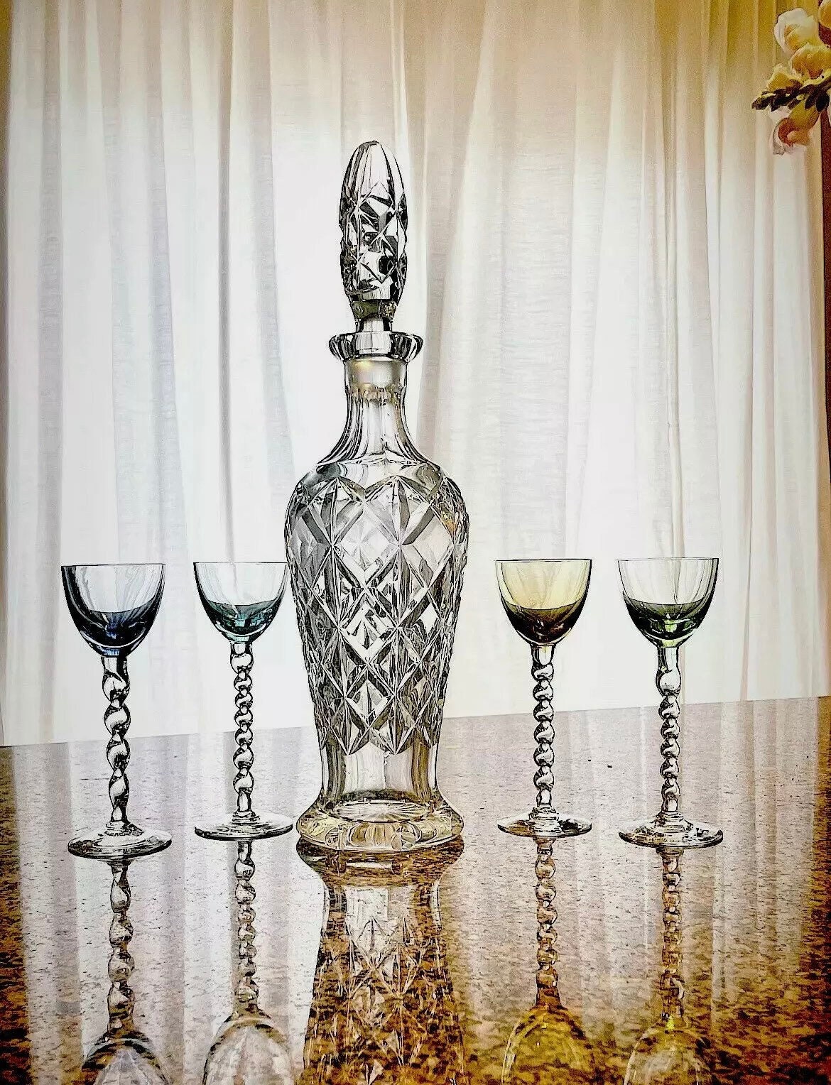 Vintage Hand Blown Colored Glass Cordial Set With Twisted Stems Etsy