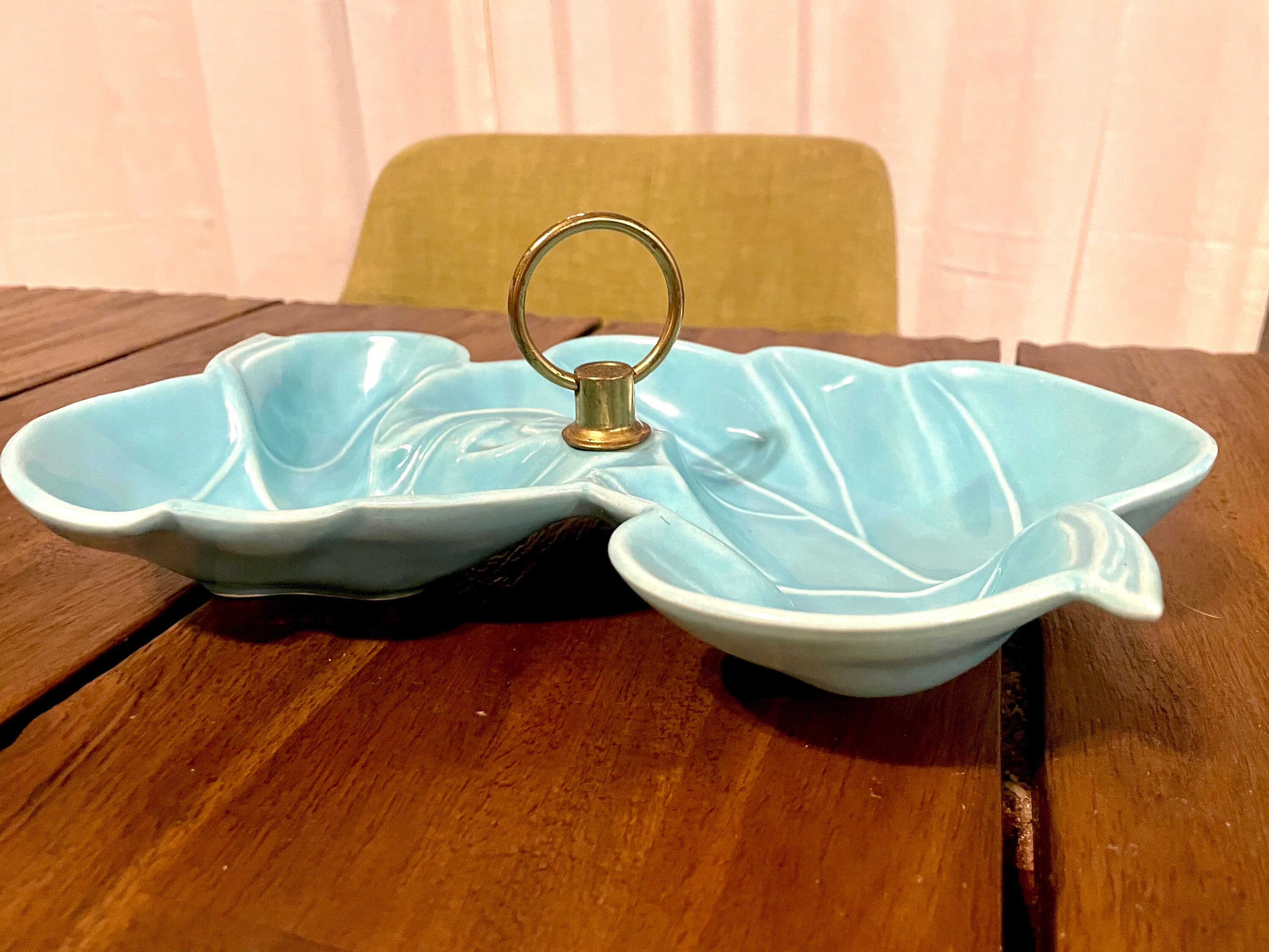 Vintage CAL Pottery Double Maple Leaf Divided Platter W/ Brass Ring ...