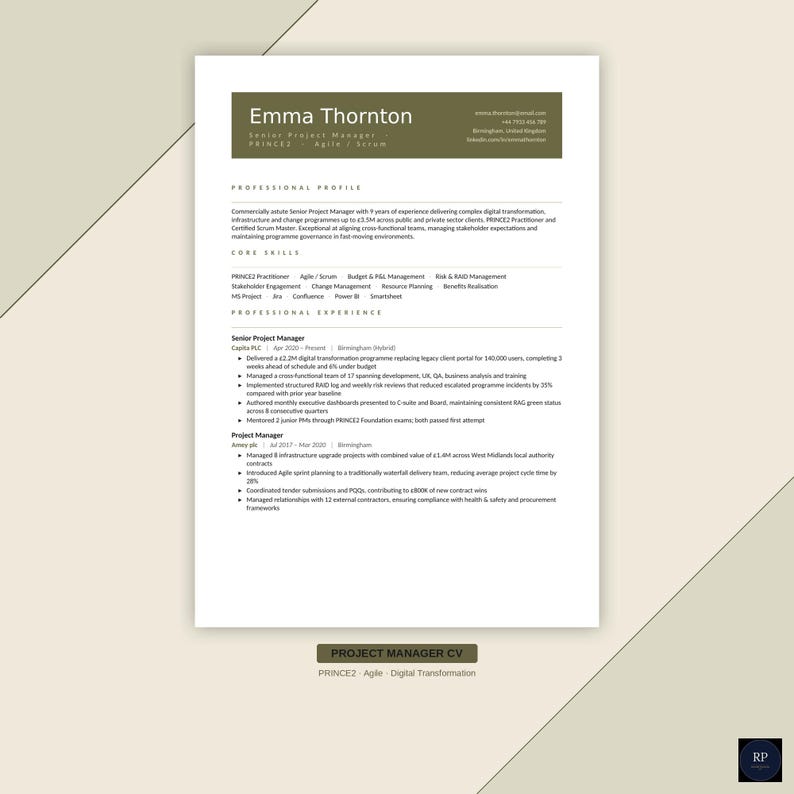 Project Manager CV Template | ATS Friendly Resume, PRINCE2 Agile ...