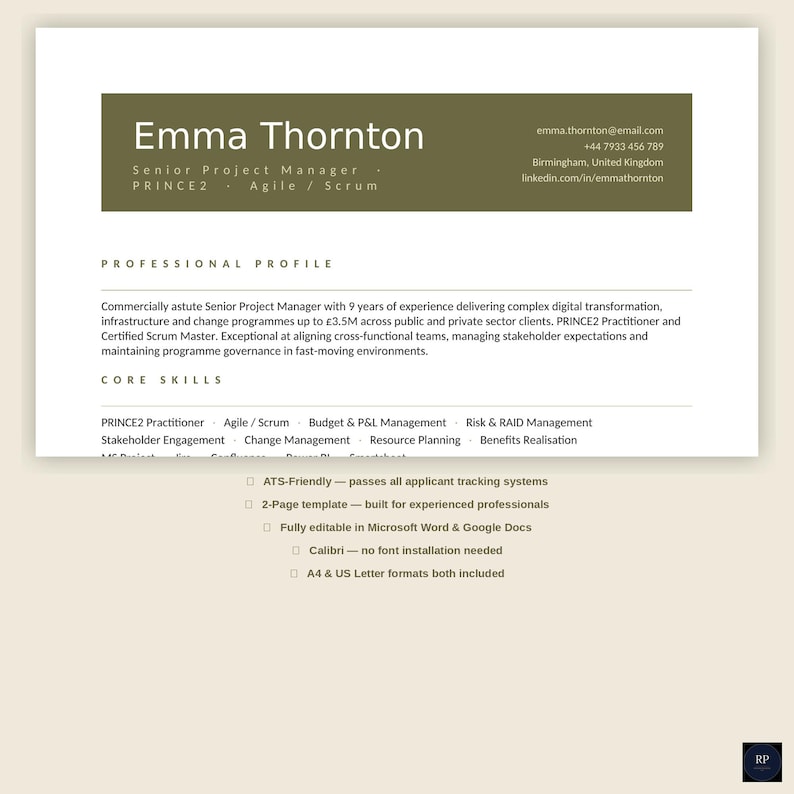 Project Manager CV Template | ATS Friendly Resume, PRINCE2 Agile ...