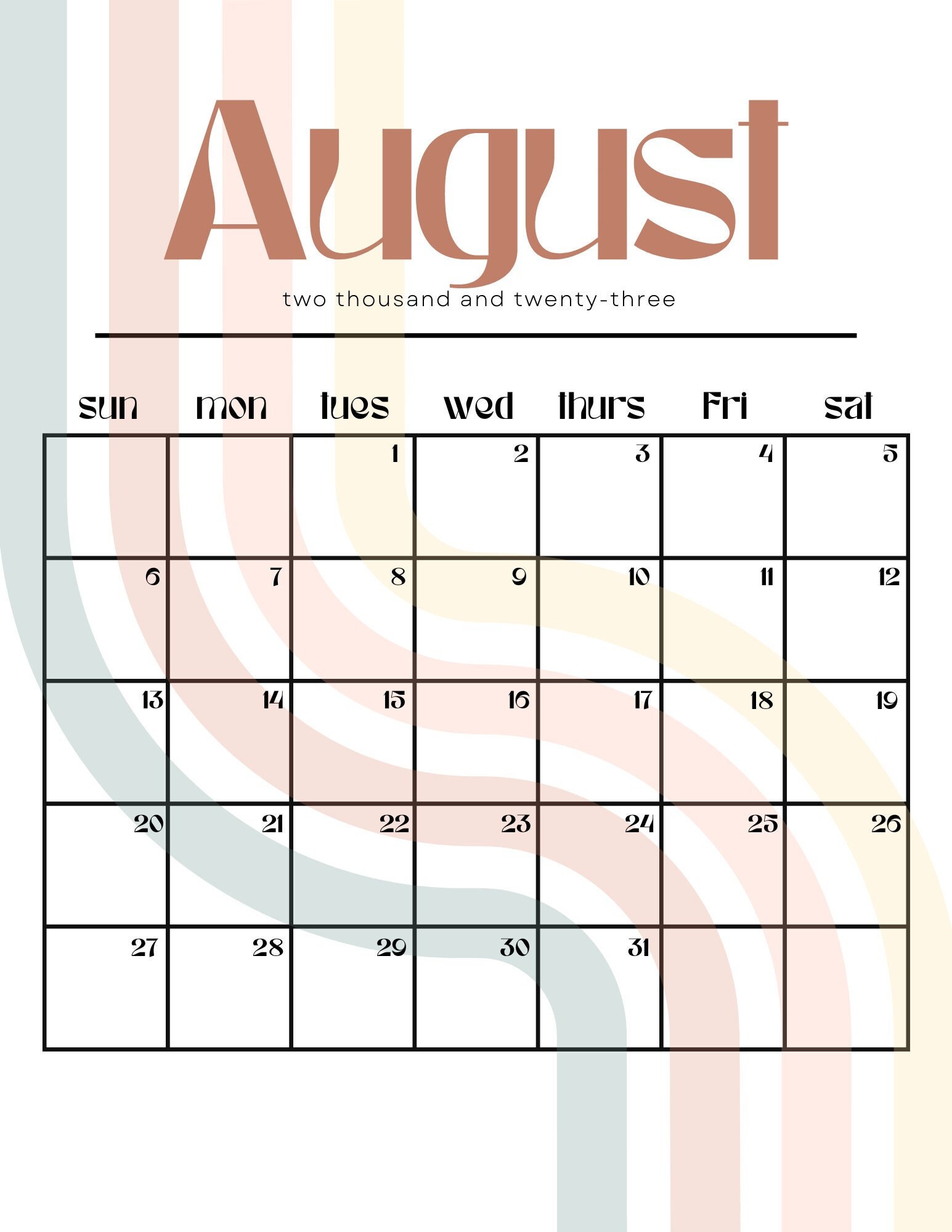 August Monthly Calendar - Etsy