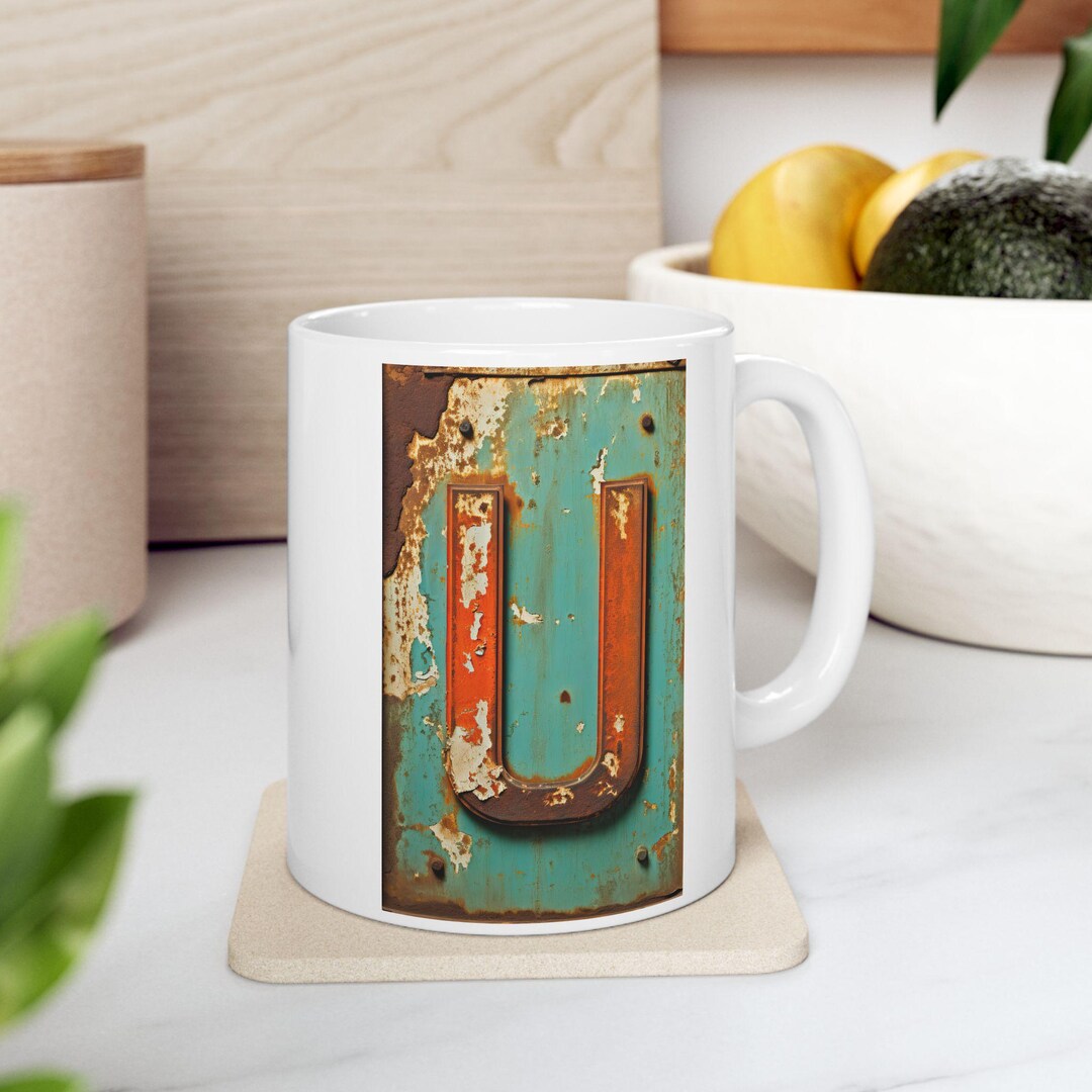 Letter U Rusty Metal Themed Mug, Alphabet Coffee Mug, License Plate Mug ...