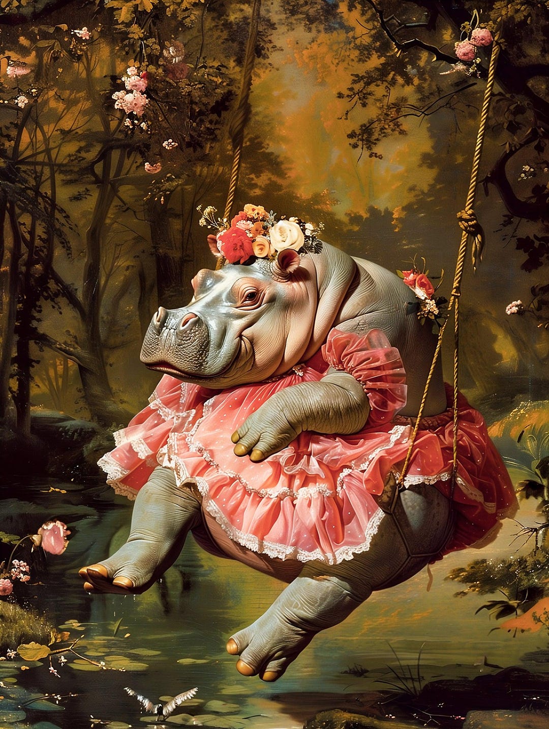 Unique Rococo-style Hippo on Swing Canvas Art Print Archival Quality ...
