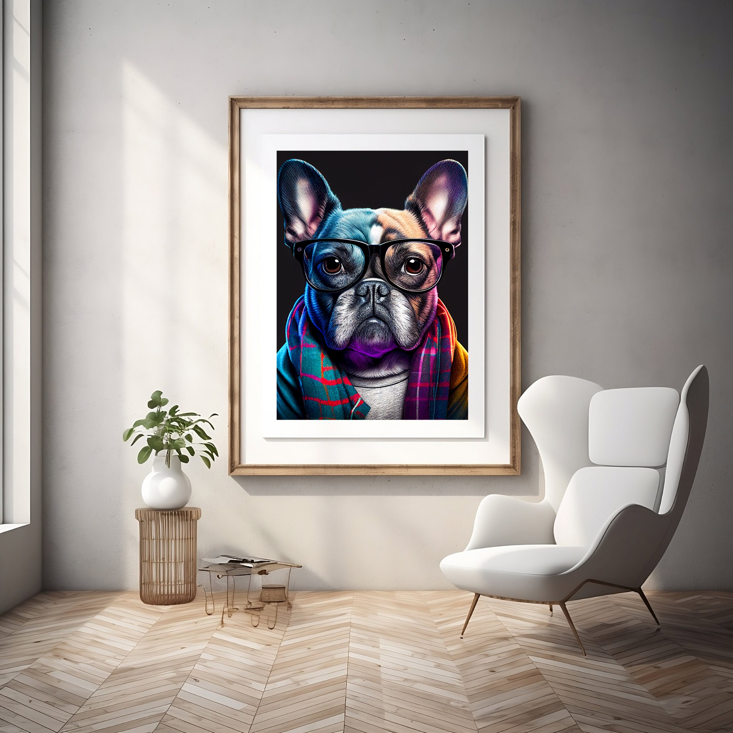 Impression bouledogue français hipster / Art chien hipster en écharpe ...