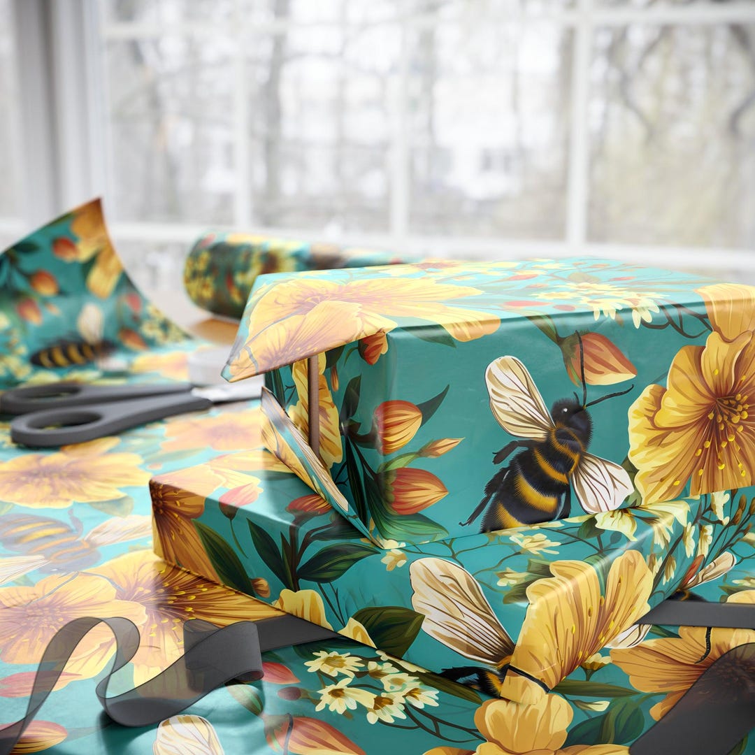 Luxurious Bumble Bee Florals Gift Wrap - Thick 90gsm Fine Art Spring ...