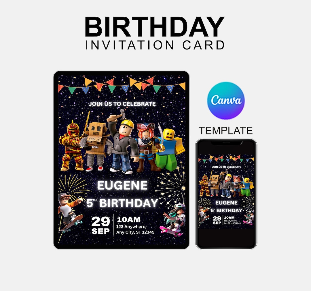Canva Birthday Template Invitation Roblox, Invite, Game Party, Roblox ...