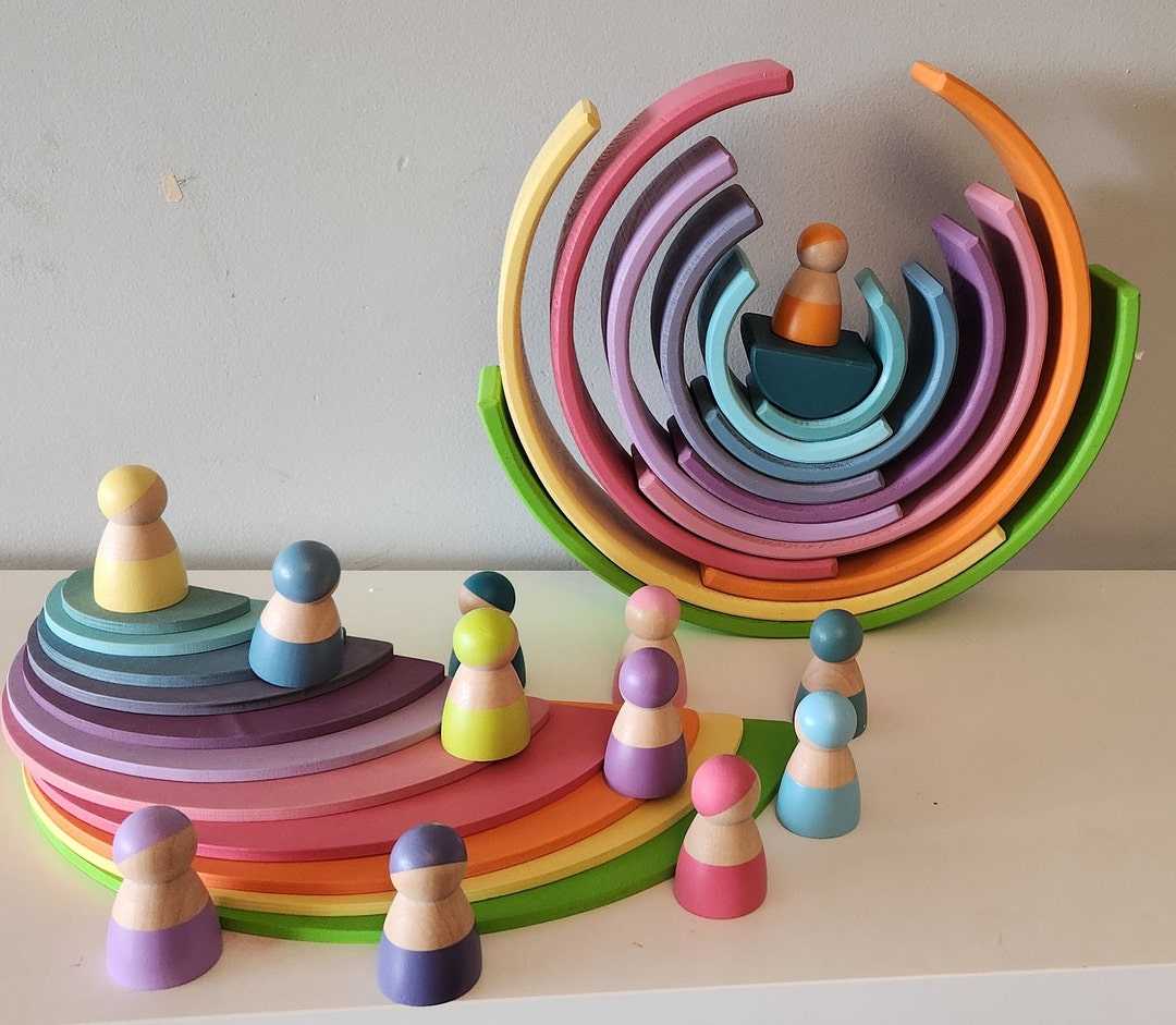 Large Wooden Grimm's Style PASTEL Stacker Semi Circle Peg Dolls Baby ...
