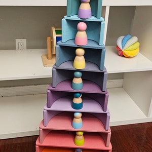 Large Wooden Grimm's Style PASTEL Stacker Semi Circle Peg Dolls Baby ...