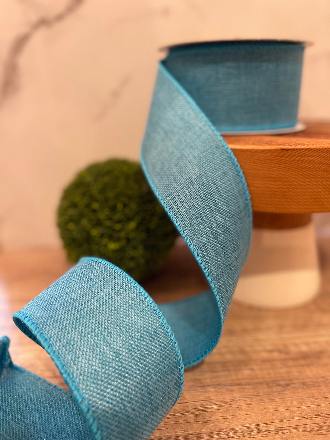 2.5” Turquoise Linen Ribbon, Designer Ribbon, Ribbon, Wired Ribbon ...