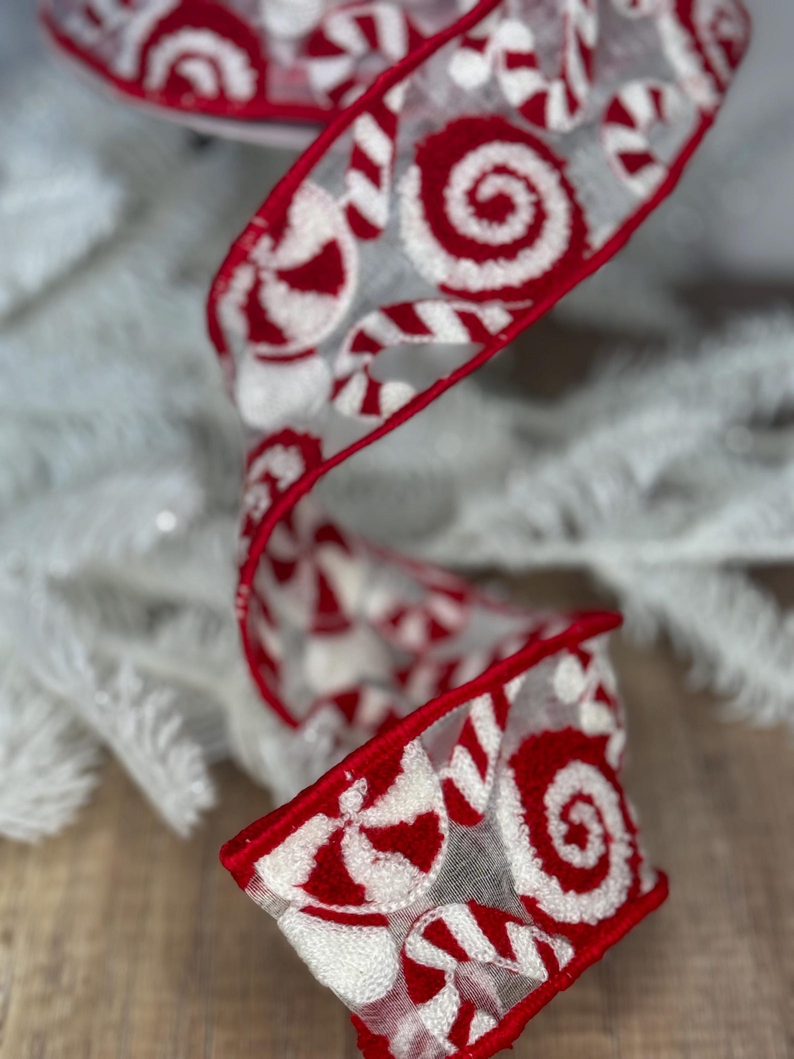 2.5 Inch EMBROIDERED PEPPERMINT CANDIES Designer Ribbon, Wired Ribbon ...