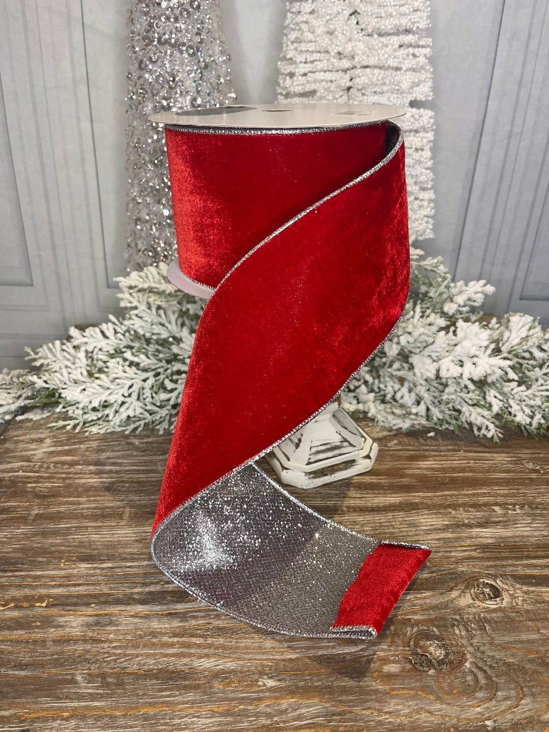 4” Velvet Glitter Ribbon, Red Velvet and Silver Glitter Ribbon ...
