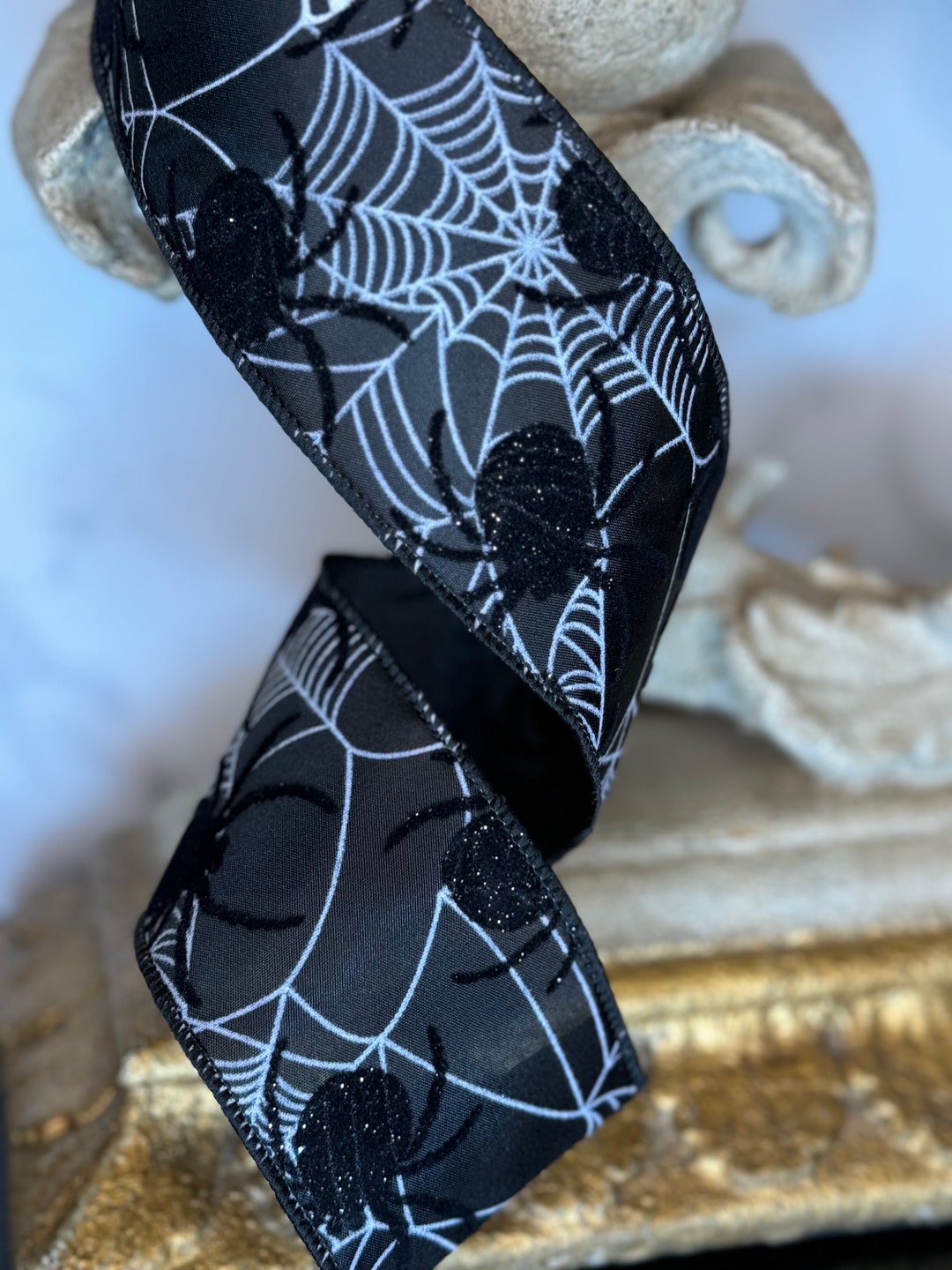 2.5” Satin Black Flocked Spider Ribbon, Designer Ribbon, Ribbon, Wired ...