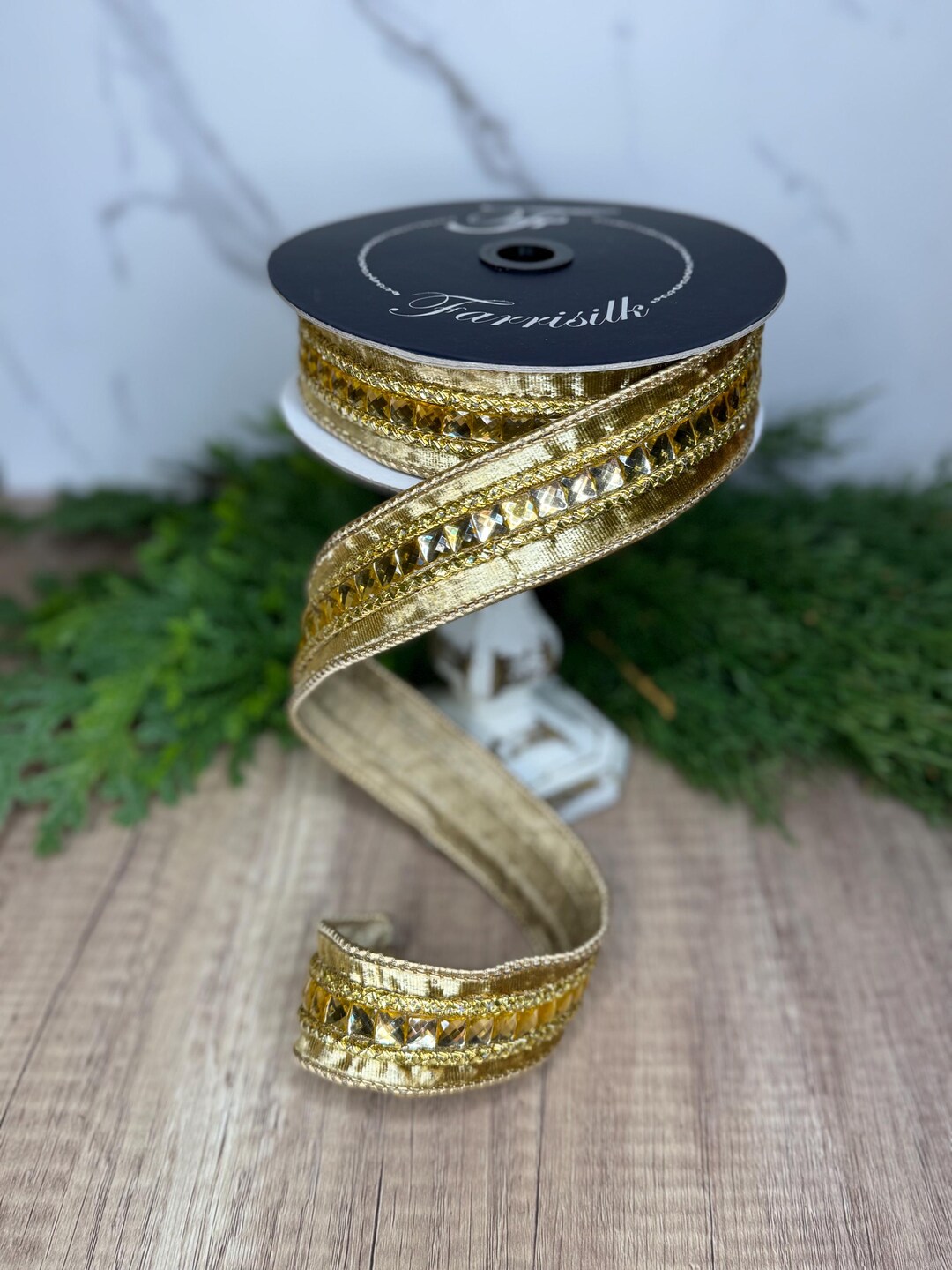 1 Inch GOLD GEMSTONES Ribbon, Wired Ribbon, Designer Ribbon, Farrisilk ...