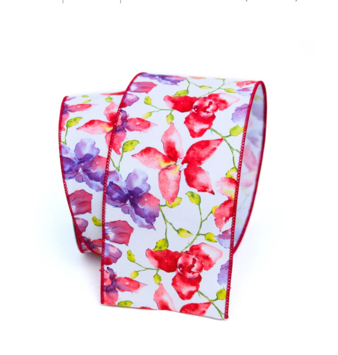 4” Watercolor Floral Ribbon, Floral Ribbon, Designer Ribbon, Farrisilk ...