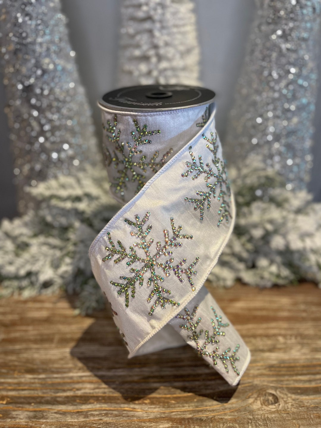 4” Iridescent Snowflake Ribbon, Designer Ribbon, Ribbon, Wired Ribbon ...