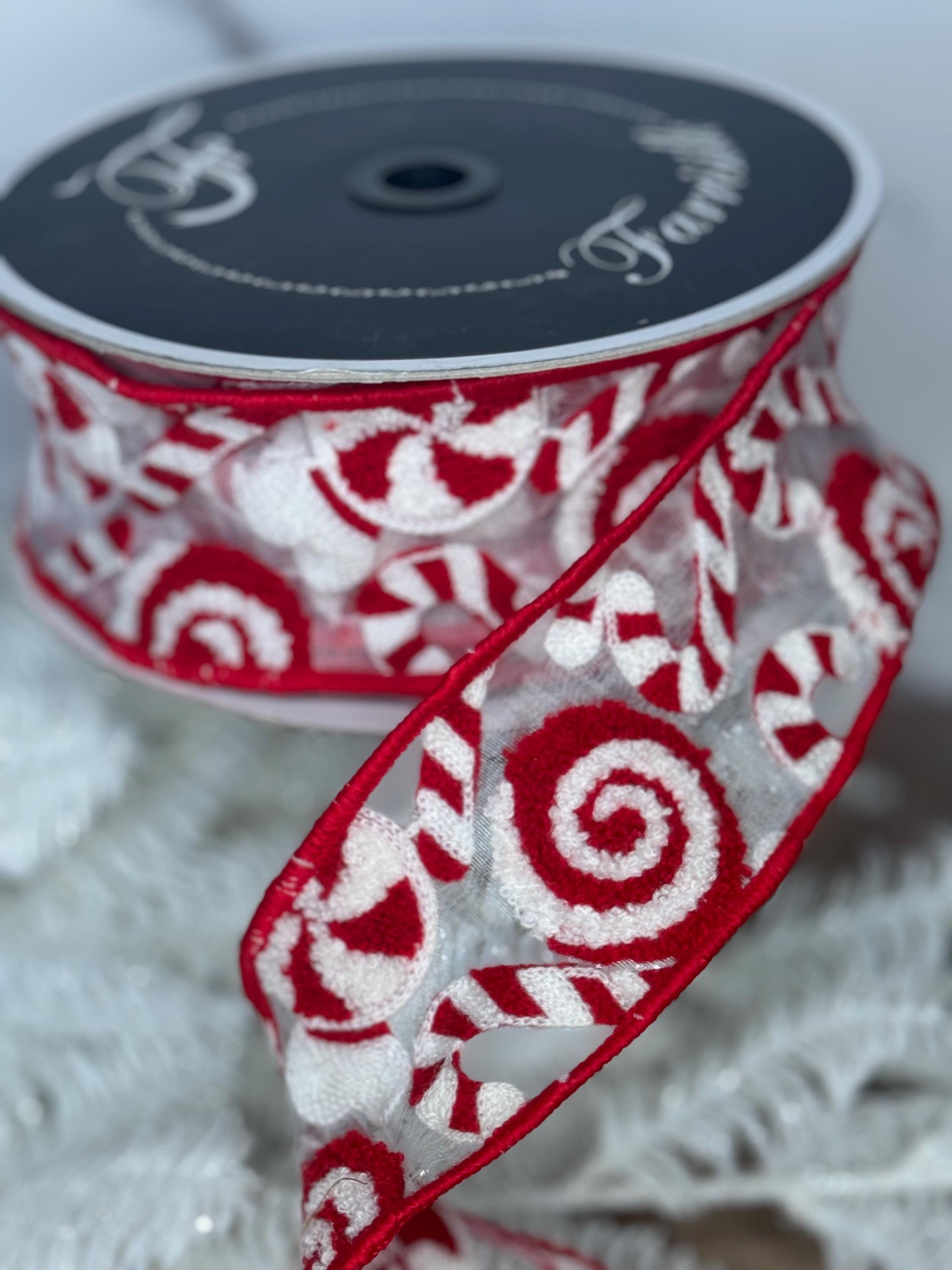 2.5 Inch EMBROIDERED PEPPERMINT CANDIES Designer Ribbon, Wired Ribbon ...