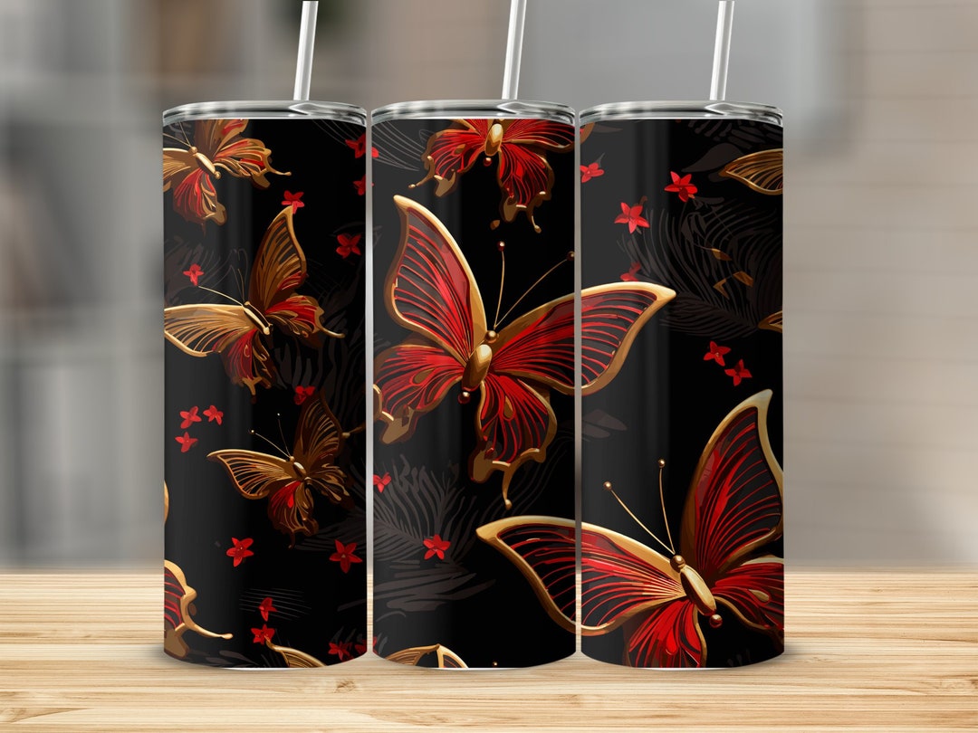 3D Red Gold Butterflies Digital Tumbler Wrap Tumblerful - Etsy