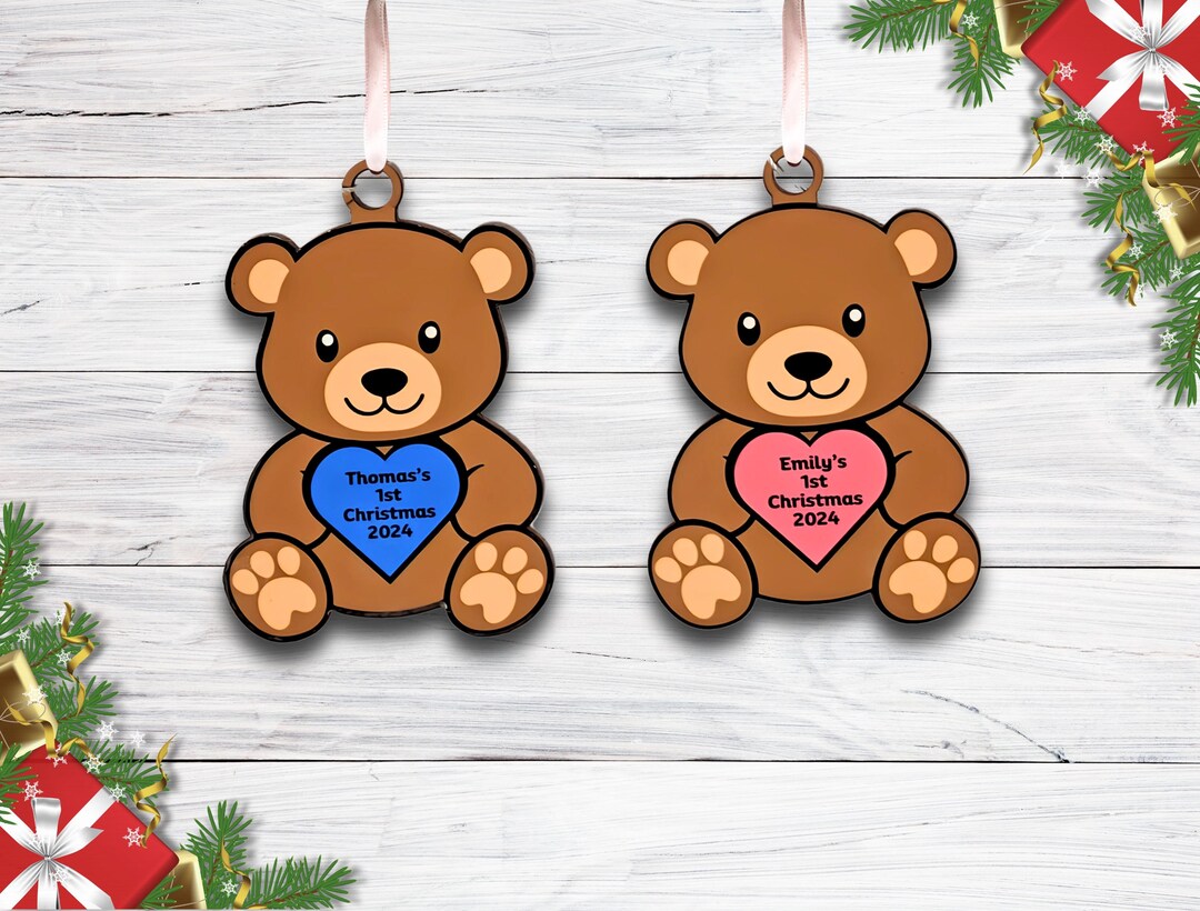 Baby's Teddy Bear First Christmas Personalized Heart Ornament, Custom ...