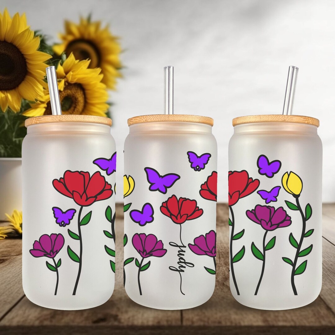 Flower Glass Tumbler, Floral Iced Coffee Cup, Personalized Custom Beer ...