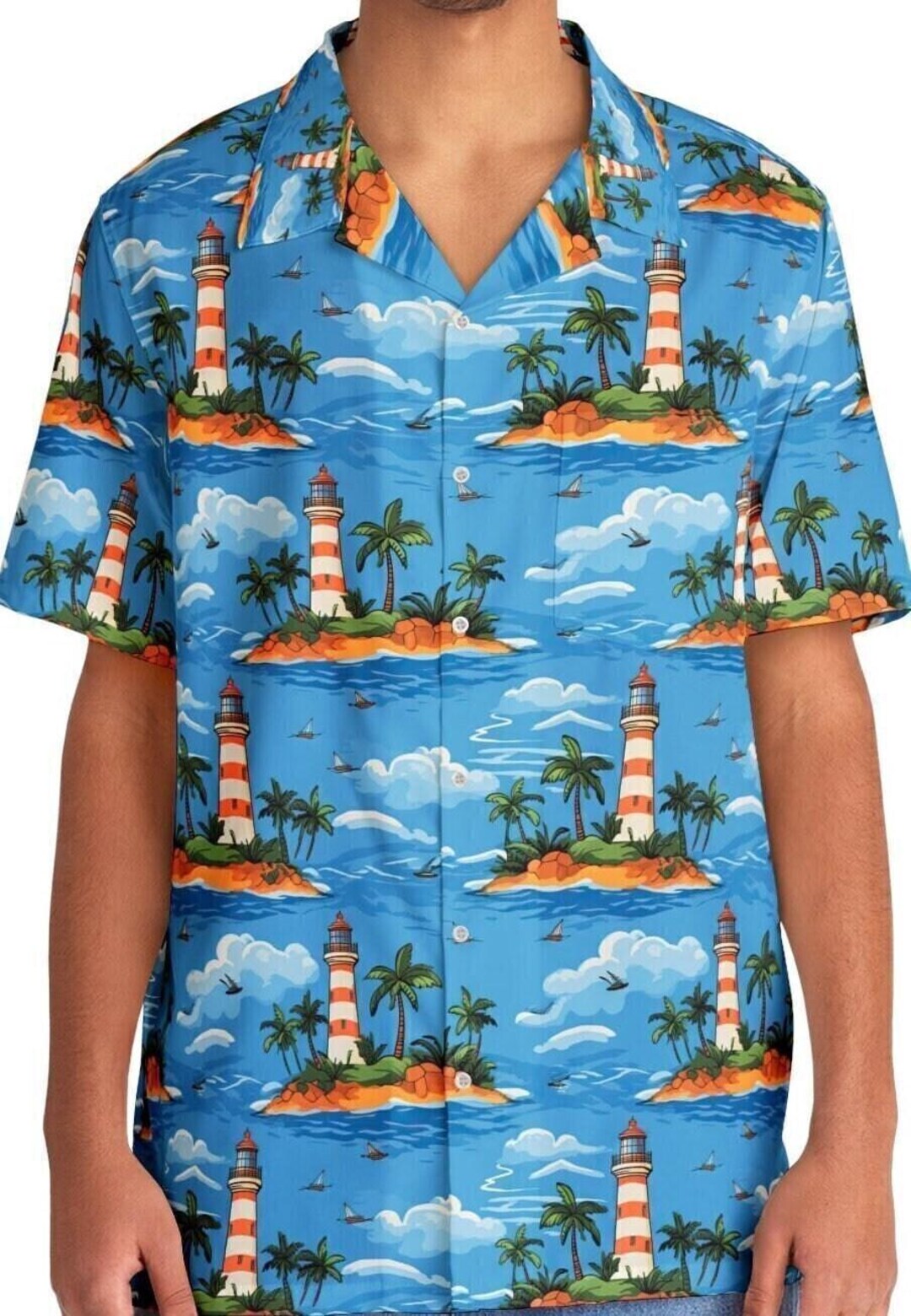 Sizes S to 5XL - Lighthouse, Beach and Palm Trees Tessellation Hawaiian ...