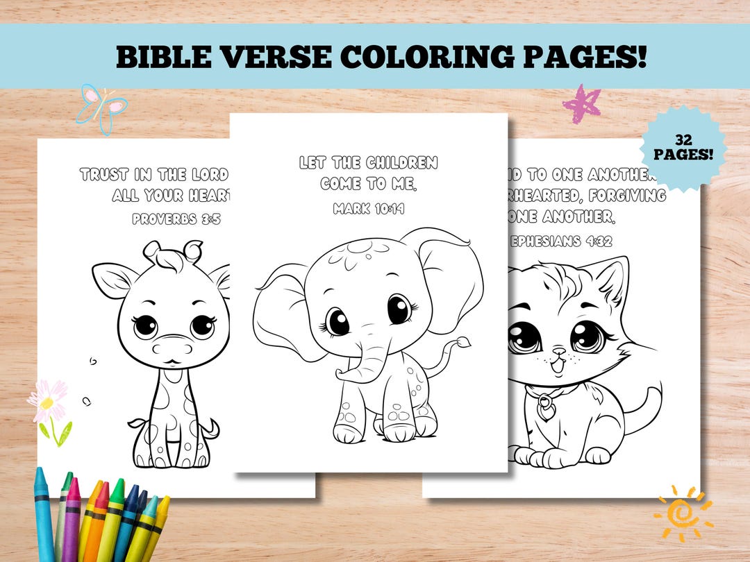 32 Bible Verse & Cute Animals Coloring Pages for Kids | Cute Animal ...