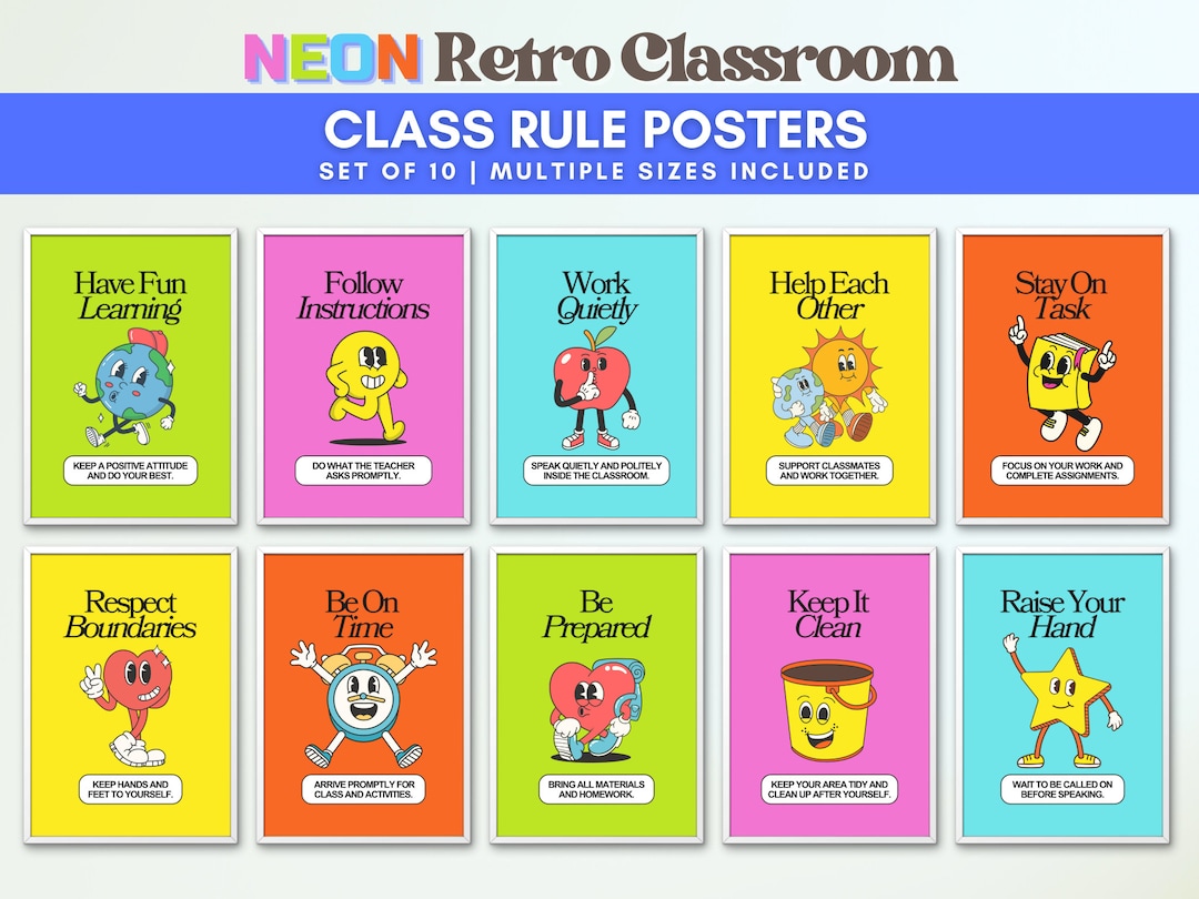Neon Retro Classroom Bundle: Bright Colors Class Rules Posters, 90s ...