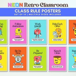 Neon Retro Classroom Bundle: Bright Colors Class Rules Posters, 90s ...