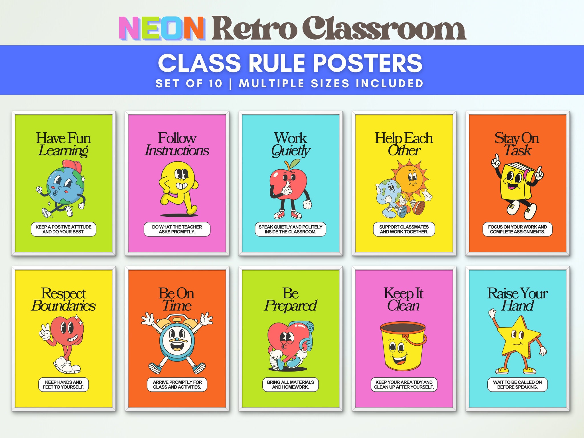 Neon Retro Classroom Bundle: Bright Colors Class Rules Posters, 90s ...